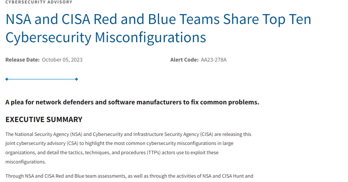 NSA and CISA Red and Blue Teams Share Top Ten Cybersecurity Misconfigurations - NCS IT